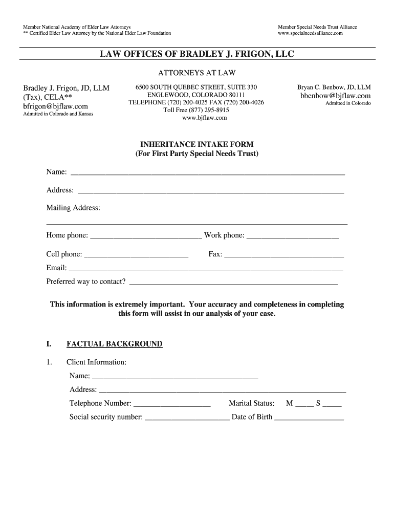 Fillable Online Inheritance Intake Form for SNT Fax Email Print - pdfFiller