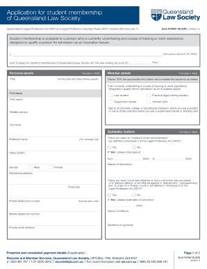 Fillable Online qls com Application for student membership of Queensland Law Society Queensland ...
