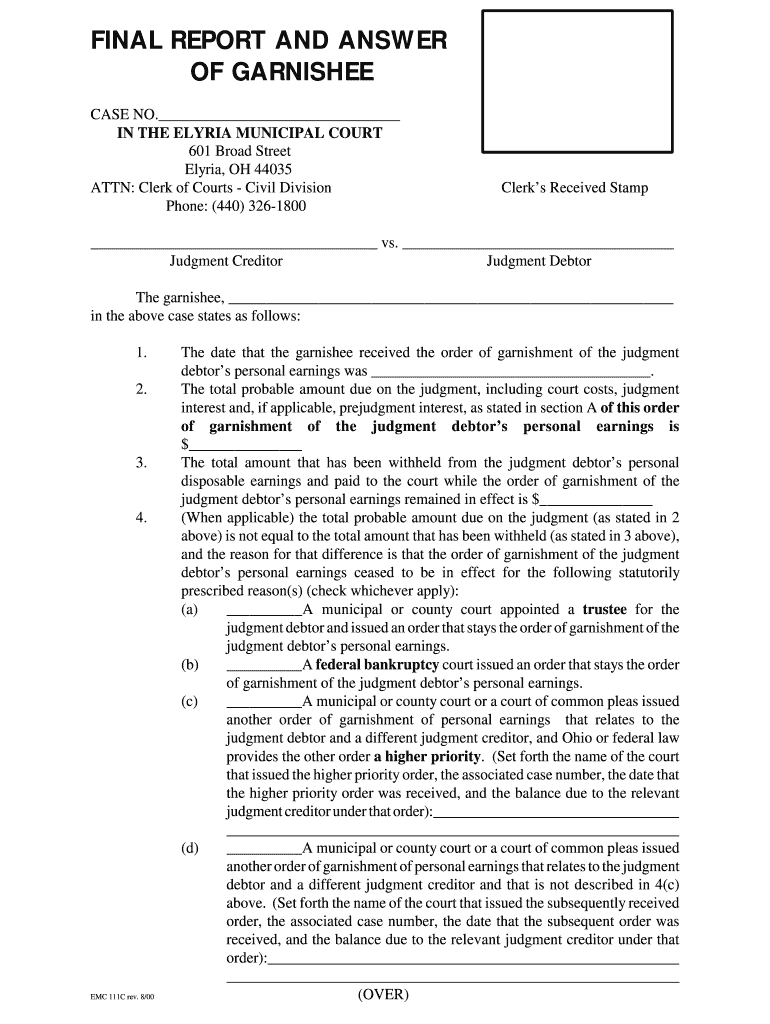 Fillable Online elyriamunicourt FINAL REPORT AND ANSWER OF GARNISHEE ...