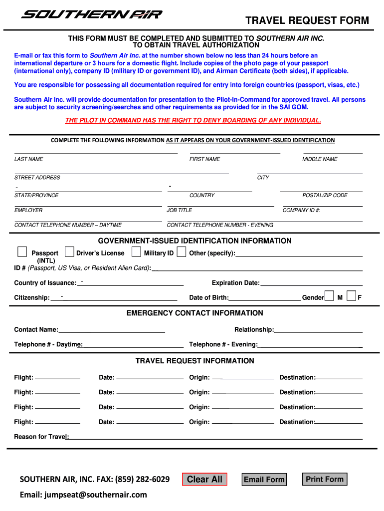 Fillable Online TRAVEL REQUEST FORM - Southern Air Fax Email Print - pdfFiller