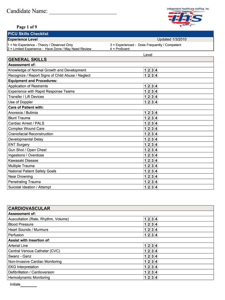 Fillable Online PICU Skills Checklist Fax Email Print - pdfFiller