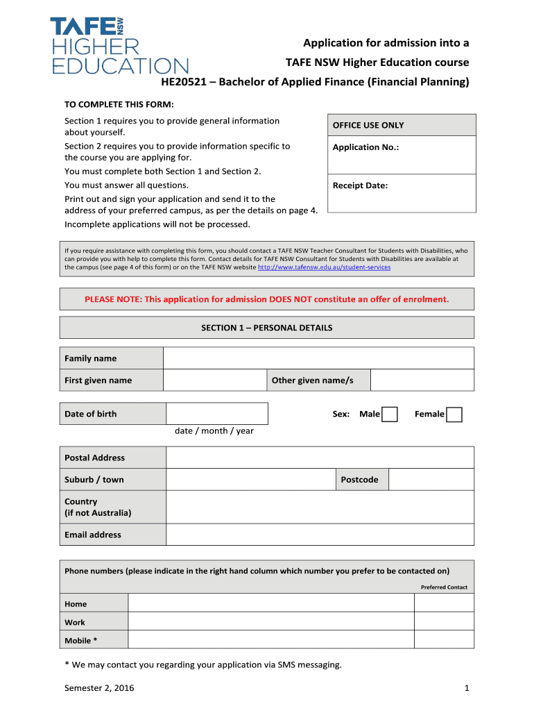 Fillable Online tafensw edu Application bFormb - TAFE NSW Fax Email ...