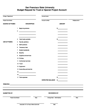 Fillable Online cs sfsu Budget agreement request formsxls Fax Email Print - pdfFiller