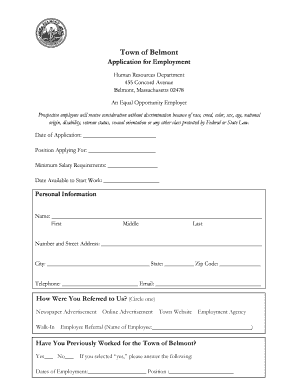 Fillable Online belmont-ma Town of Belmont Application for Employment Human Resources Department ...