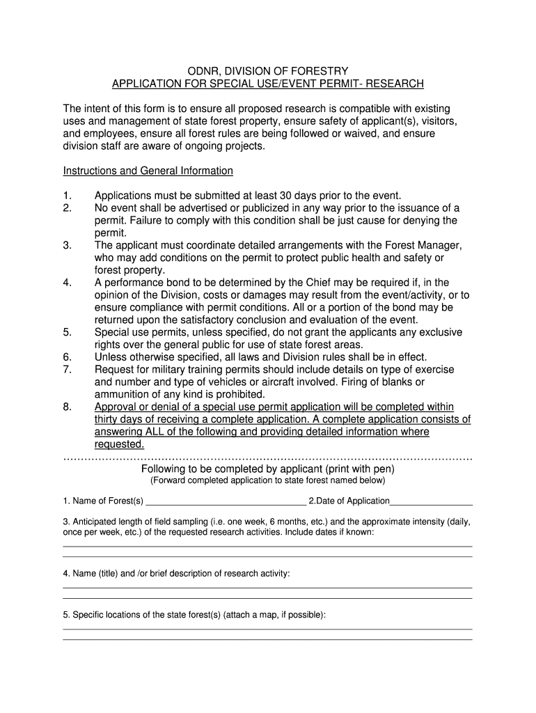 Fillable Online ODNR DIVISION OF FORESTRY APPLICATION FOR SPECIAL USE ...