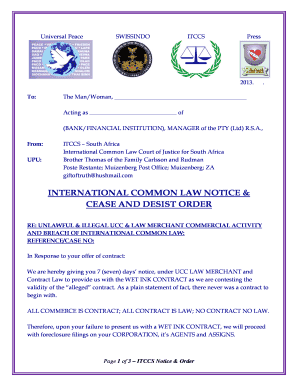 Fillable Online INTERNATIONAL COMMON LAW NOTICE CEASE AND DESIST ORDER ...
