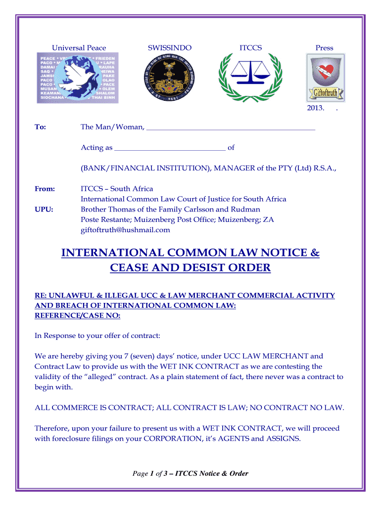 Fillable Online INTERNATIONAL COMMON LAW NOTICE CEASE AND DESIST ORDER ...