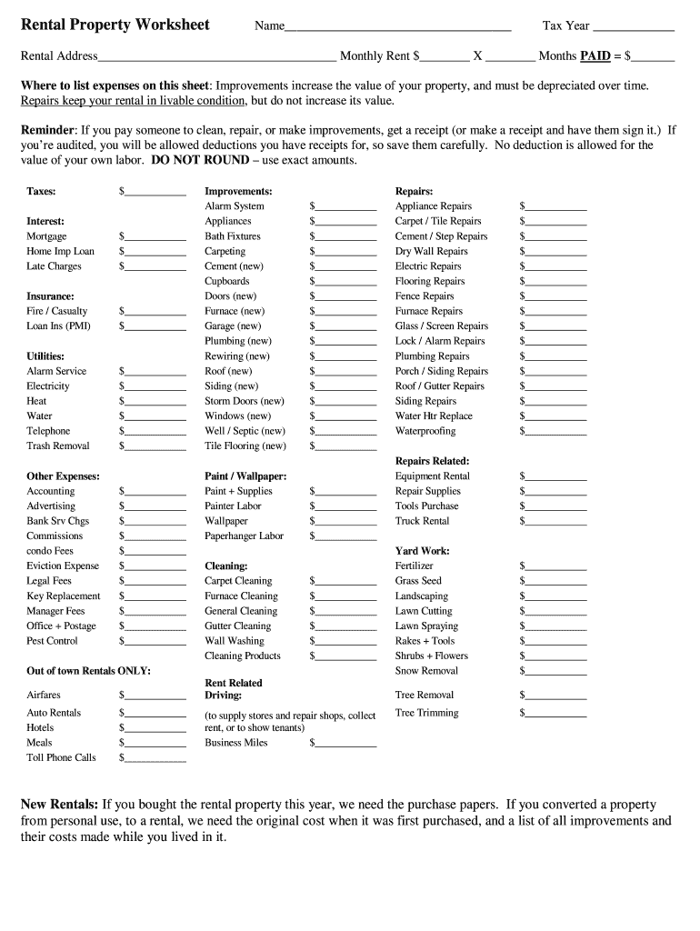 Fillable Online Rental Property Worksheet - Swan Income Tax Fax Email ...