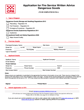 Fillable Online Application for Fire Service Written Advice bDangerous ...