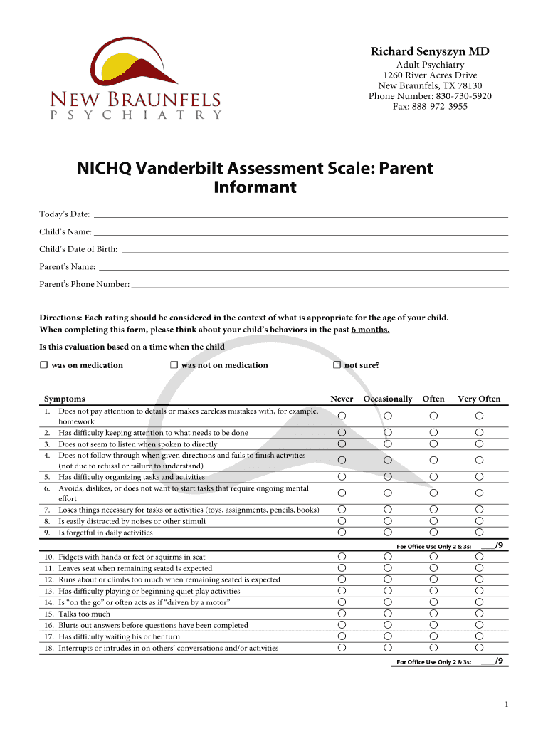 Fillable Online NICHQ bVanderbilt Assessmentb Scale bParentb Informant ...