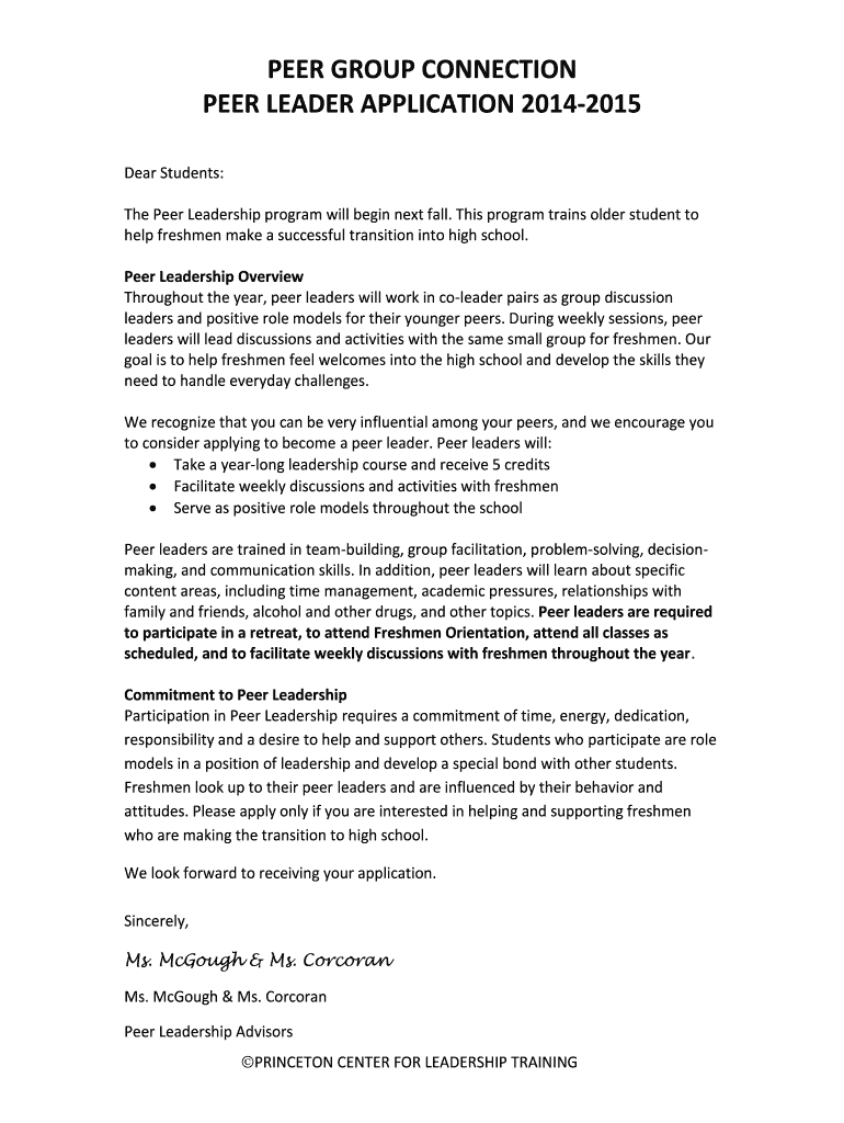 Fillable Online PEER GROUP CONNECTION PEER LEADER APPLICATION 2014-2015 ...