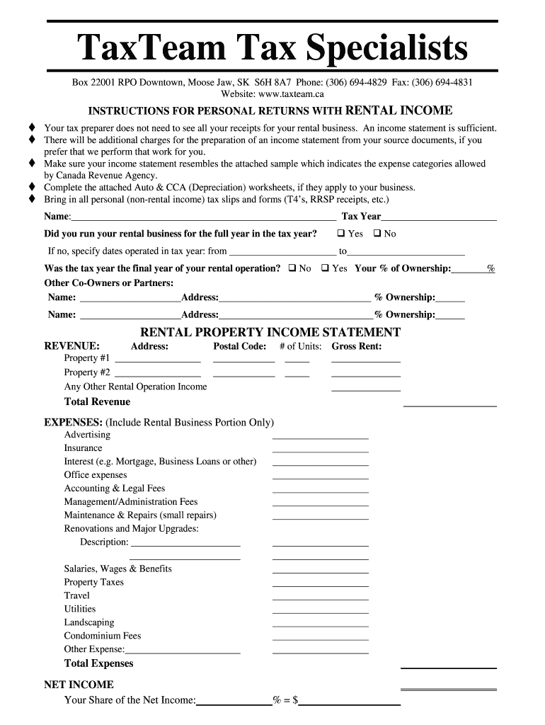 Fillable Online taxteam Rental Return Worksheet - Revised 2014doc ...
