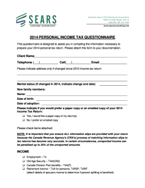 Fillable Online 2014 T1 Income Tax Questionnaire - JSdoc Fax Email ...