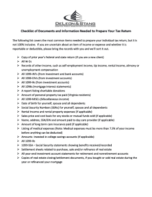 Fillable Online Checklist of Documents and Information Needed to ...