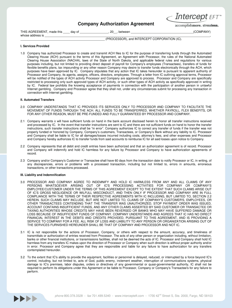 Fillable Online Company Authorization Agreement - condenseddoc Fax ...