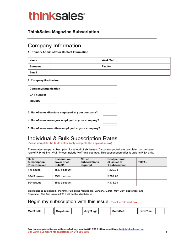 Fillable Online ThinkSales Magazine Subscription Company Information 1 Fax Email Print - pdfFiller
