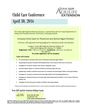 Fillable Online hidalgo agrilife Child Care Conference April 30 2016 ...