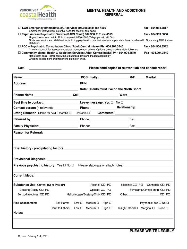 Fillable Online MENTAL HEALTH AND ADDICTIONS REFERRAL LGH Emergency ...