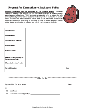 Fillable Online genevaschool Request for Exemption to Backpack Policy ...