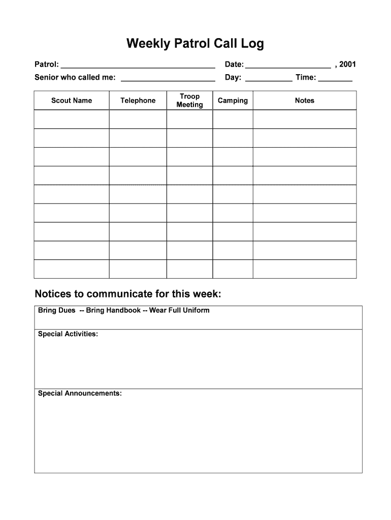 Fillable Online troop497 Weekly Patrol Call Log - troop497 Fax Email ...