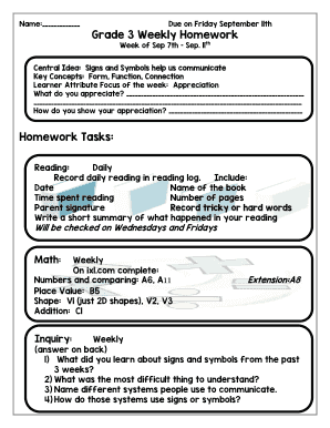 Fillable Online Grade 3 Weekly Homework - Hanoi International School ...
