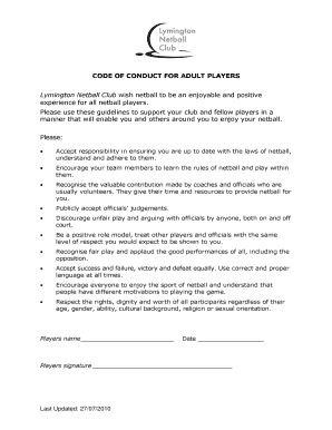 Fillable Online lymingtonnetballclub CODE OF CONDUCT FOR ADULT PLAYERS ...