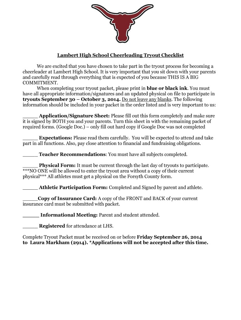 Fillable Online forsyth k12 ga Lambert High School Cheerleading Tryout ...