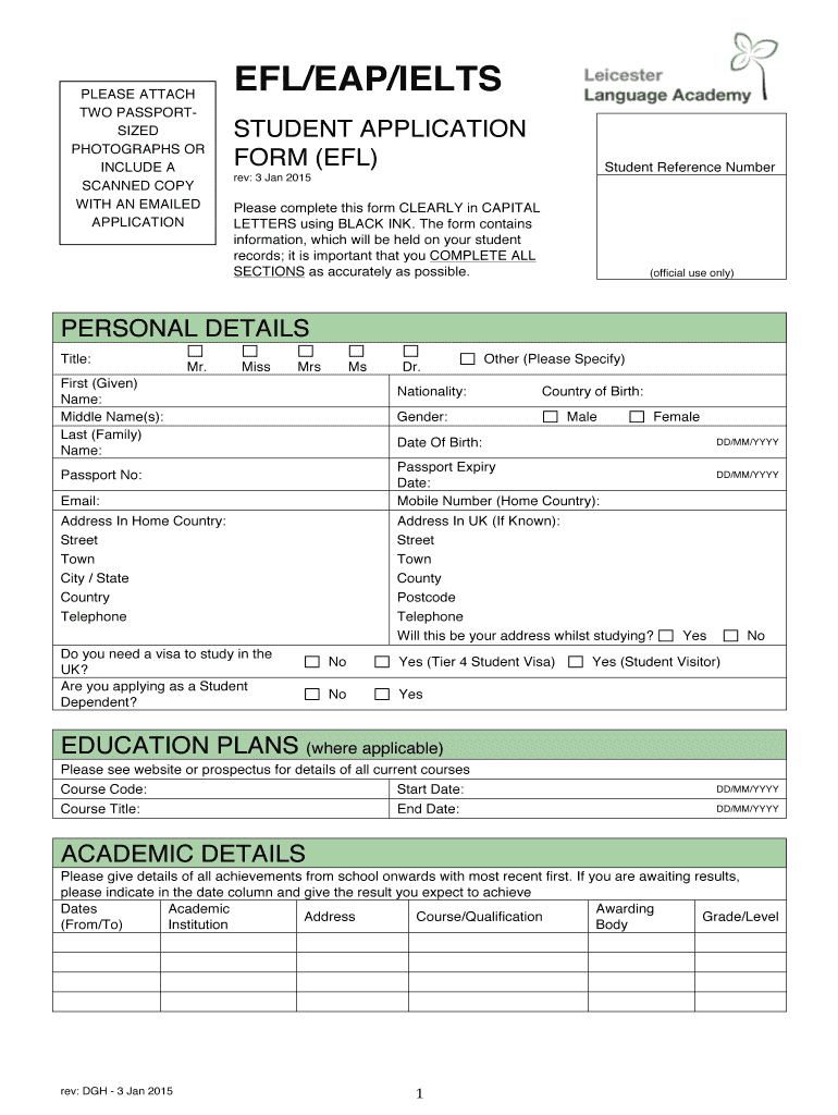 Fillable Online leicesterlanguageacademy co EFL EAP IELTS Application ...