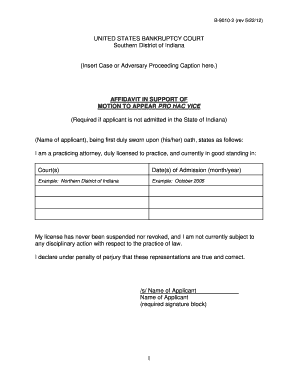 Fillable Online insb uscourts AFFIDAVIT IN SUPPORT OF MOTION TO APPEAR PRO HAC VICE - insb ...