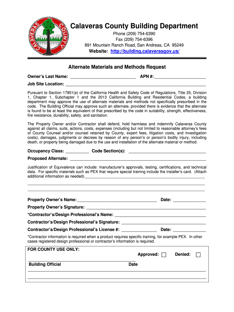 Fillable Online building calaverasgov 2014 Alternate Materials & Methods Request.doc Fax Email ...