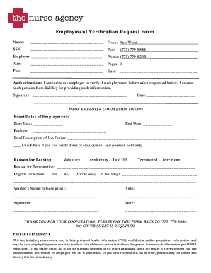 Fillable Online Employment Verification Form 2013 - Nurse Agency The ...