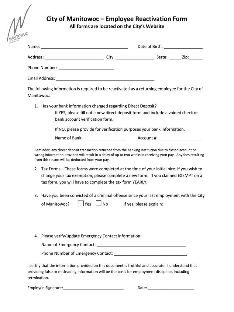 Fillable Online manitowoc City of Manitowoc Employee Reactivation Form ...