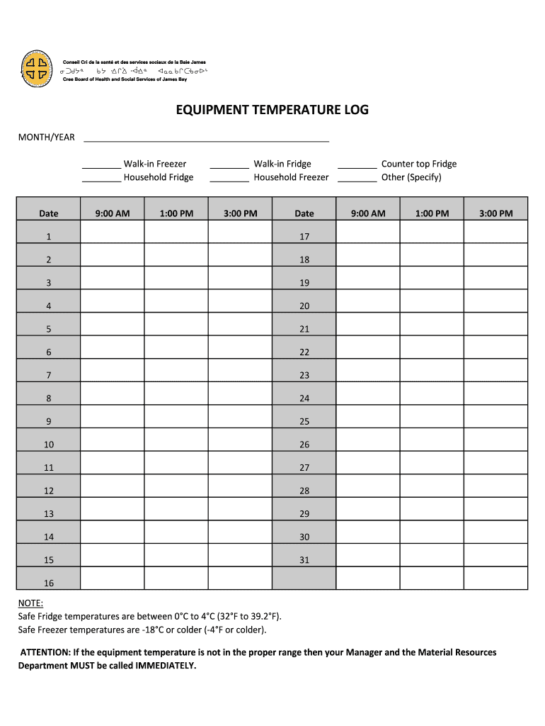 Fillable Online creehealth EQUIPMENT TEMPERATURE LOG - Cree Health ...