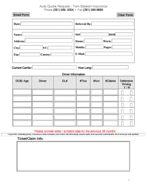 Fillable Online Auto Quote Request Tom Stewart Insurance Fax Email ...