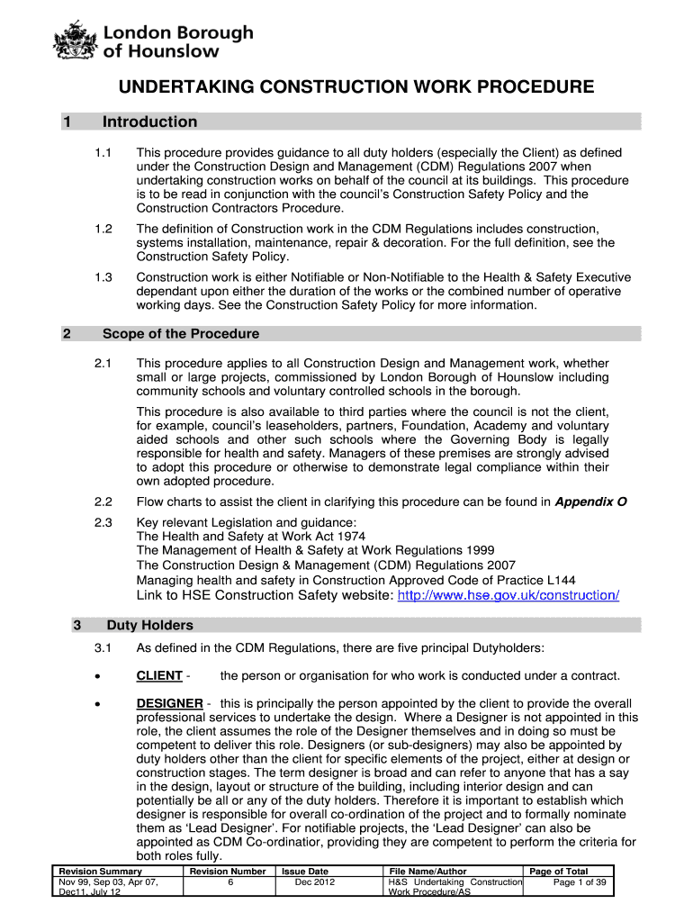 Fillable Online UNDERTAKING CONSTRUCTION WORK PROCEDURE Fax Email Print ...