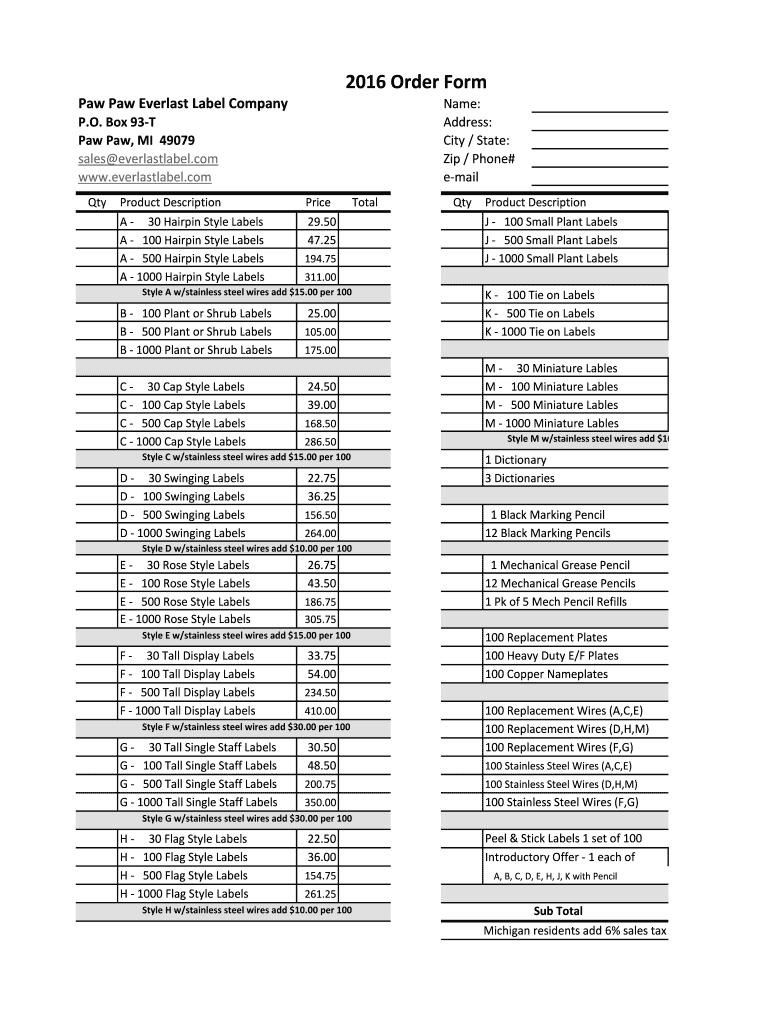 Fillable Online 2016 Order Form - Paw Paw Everlast-Label Company Fax ...