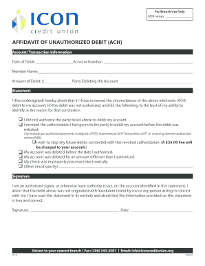 Fillable Online iconcreditunion AFFIDAVIT OF UNAUTHORIZED DEBIT ACH ...
