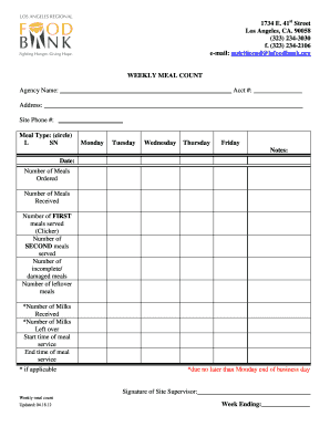 Fillable Online volunteer lafoodbank Weekly Meal Count For - volunteer ...