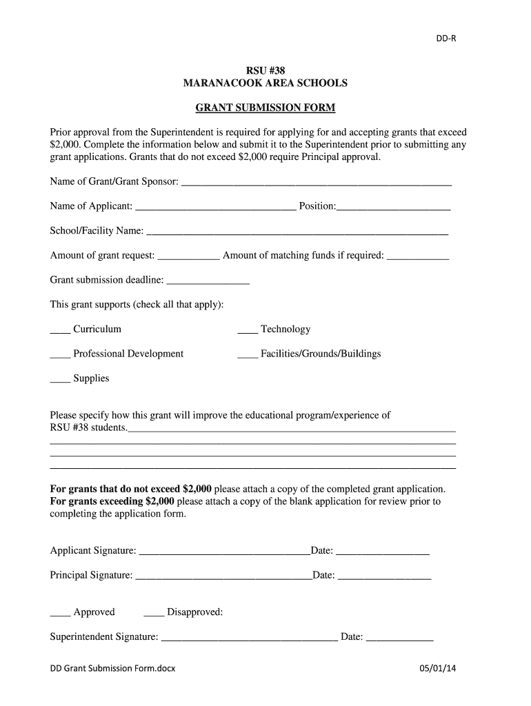 Fillable Online RSU 38 MARANACOOK AREA SCHOOLS GRANT SUBMISSION FORM ...