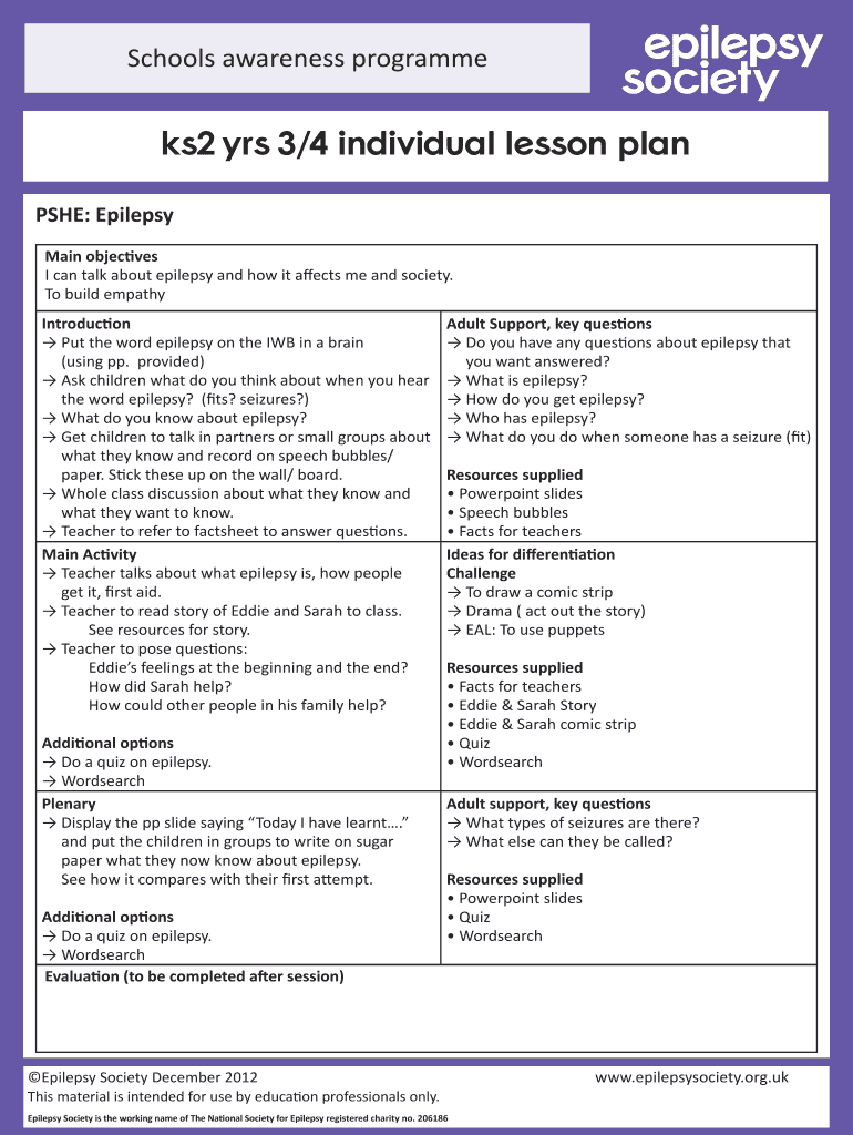 Fillable Online ks2 yrs 3/4 individual lesson plan Fax Email Print ...