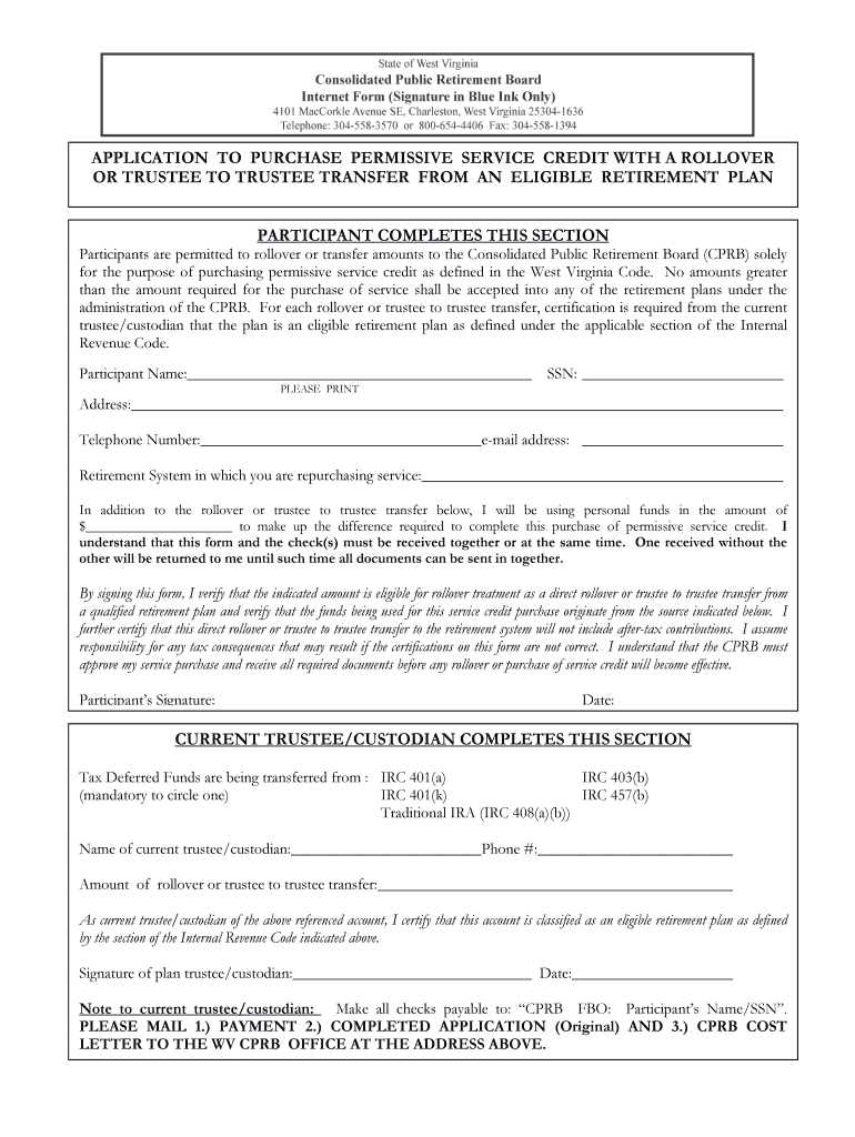 Fillable Online APPLICATION TO PURCHASE PERMISSIVE SERVICE CREDIT WITH ...