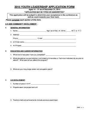 Fillable Online 2015 YOUTH LEADERSHIP APPLICATION FORM - Prairieland ...