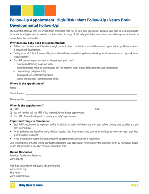 Fillable Online Follow-Up Appointment High-Risk Infant Follow-Up Neuro ...