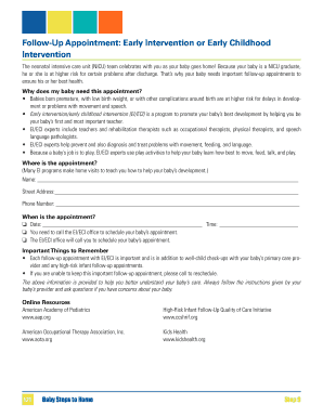 Fillable Online Follow-Up Appointment Early Intervention or Early Fax ...
