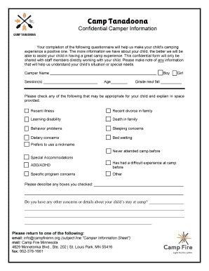 Fillable Online campfiremn Camper Information Sheet - Camp Fire Fax ...
