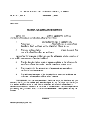 Fillable Online PETITION FOR SUMMARY DISTRIBUTION Fax Email Print ...