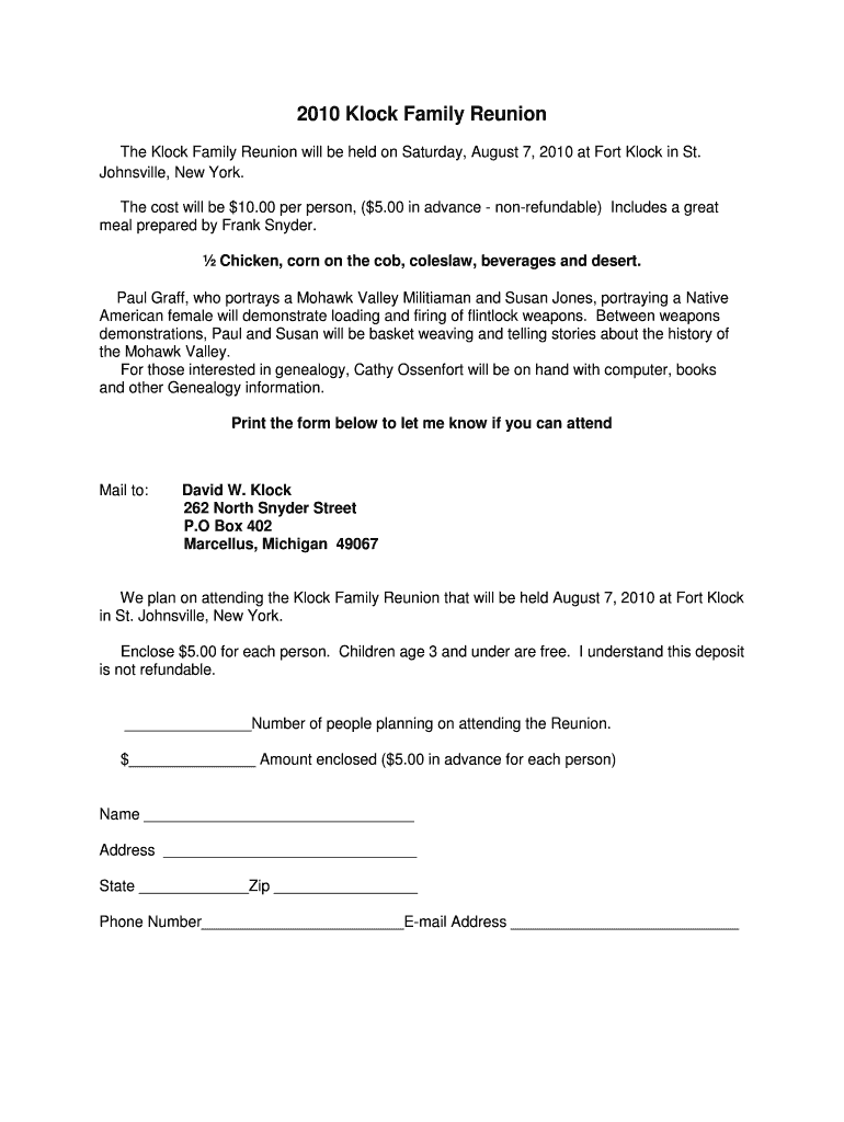 Fillable Online 2010 Klock Family Reunion - Klock Connections Fax Email ...