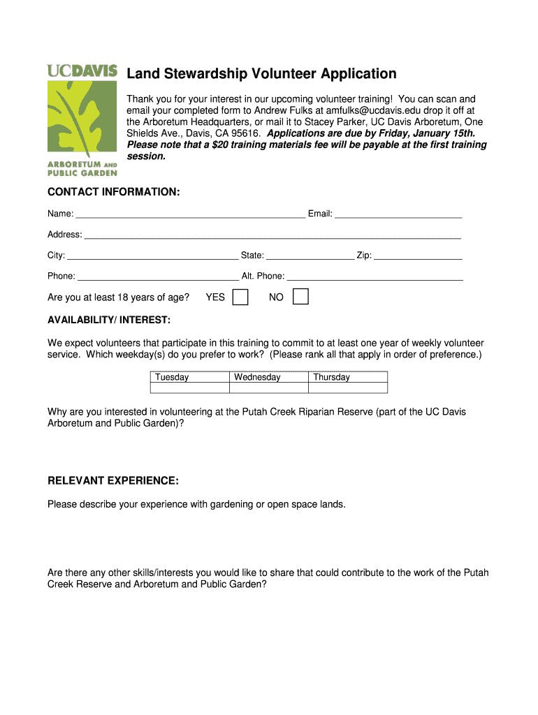 Fillable Online arboretum ucdavis Land Stewardship Volunteer ...
