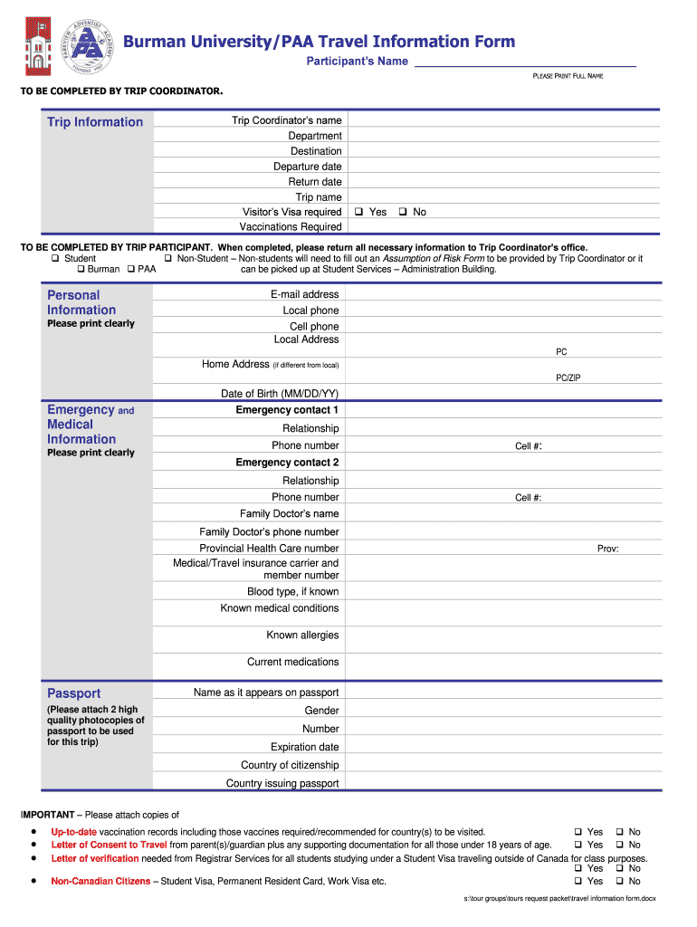 Fillable Online burmanu Burman UniversityPAA Travel Information Form ...
