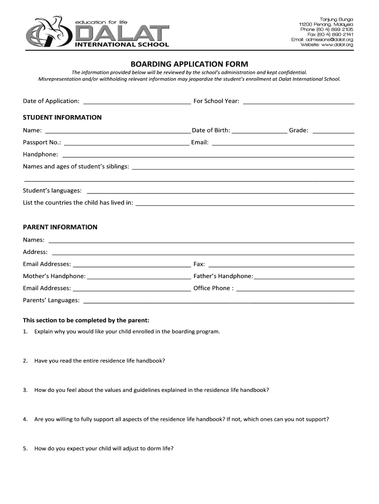 Fillable Online dalat BOARDING APPLICATION FORM - Dalat International ...